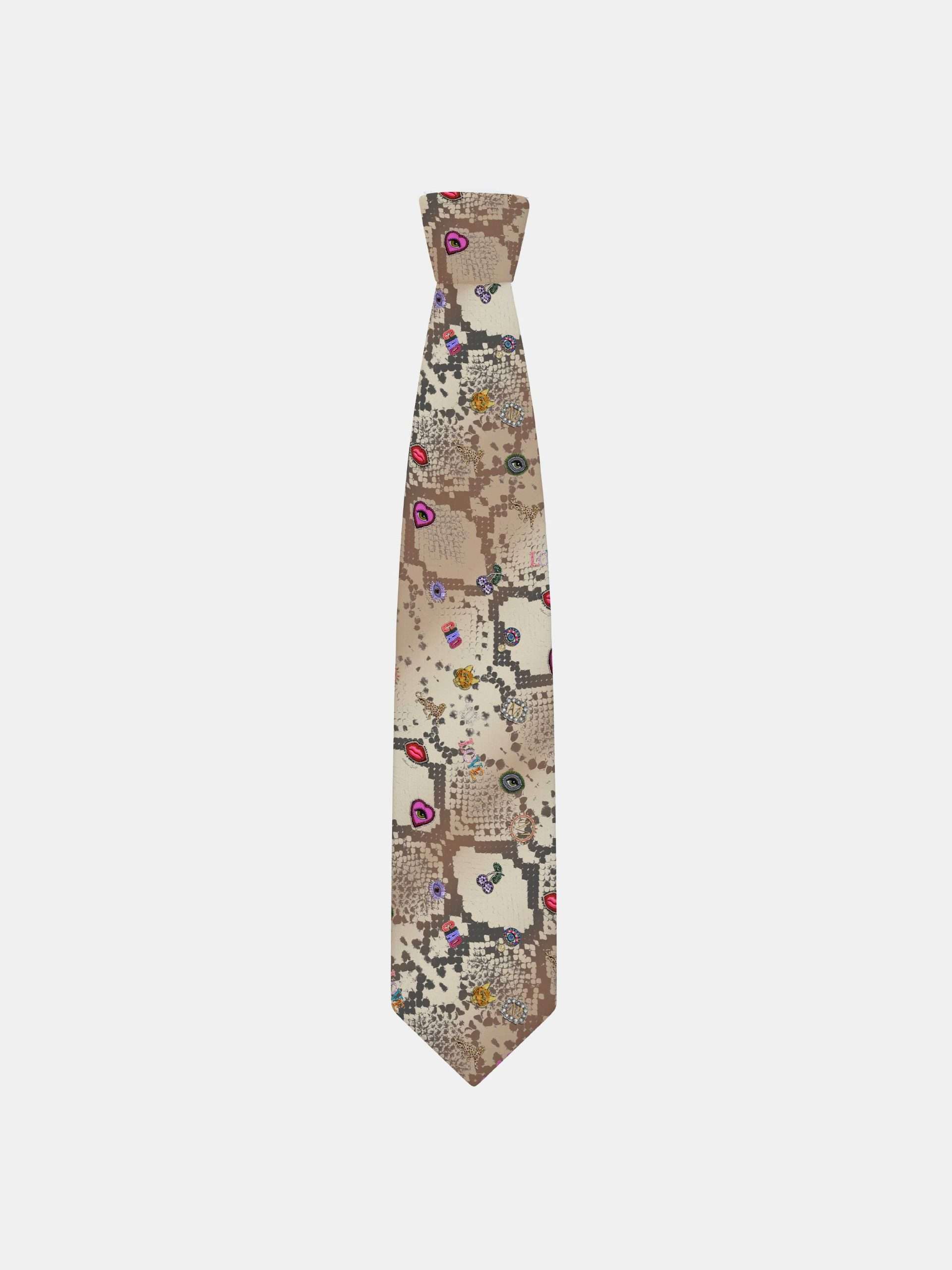 Silk Tie Beige Snake Print and Artistic Printed Patches
